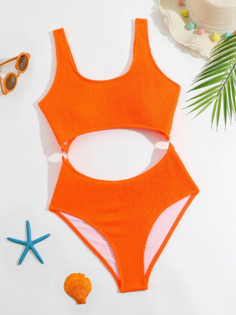 Teen Girl Solid Textured Cut Out One-Piece Swimsuit Bathing Suit ...