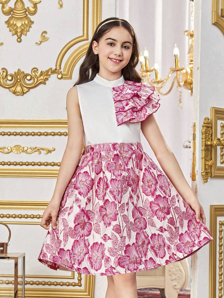 SHEIN Kids Nujoom Tween Girls' Casual Stand Collar Layered Ruffle Decor Top And Skirt Set | SHEIN