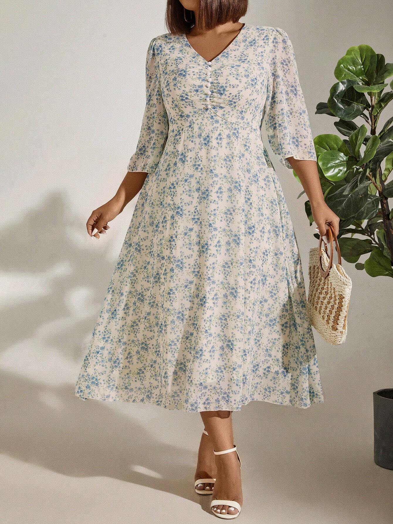 EMERY ROSE Plus Size Floral Print V-Neck Dress | SHEIN USA