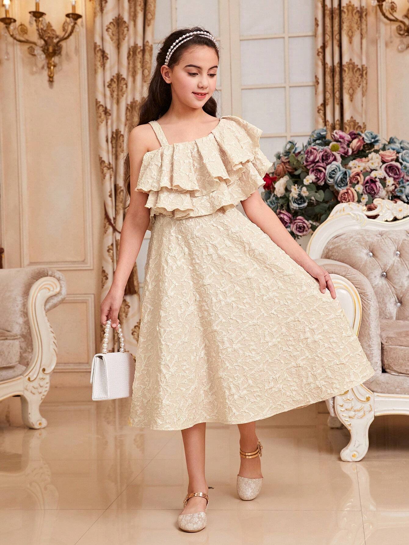 SHEIN Tween Girls' Slim Fit Adorable Oblique-Shoulder Jacquard Dress ...