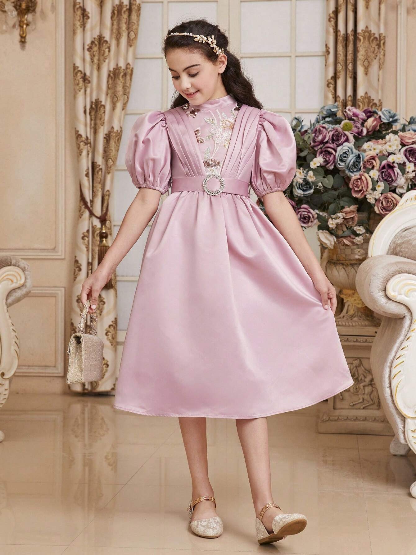 SHEIN Tween Girls' Traditional And Fancy Stand Collar Sparkling Lace ...