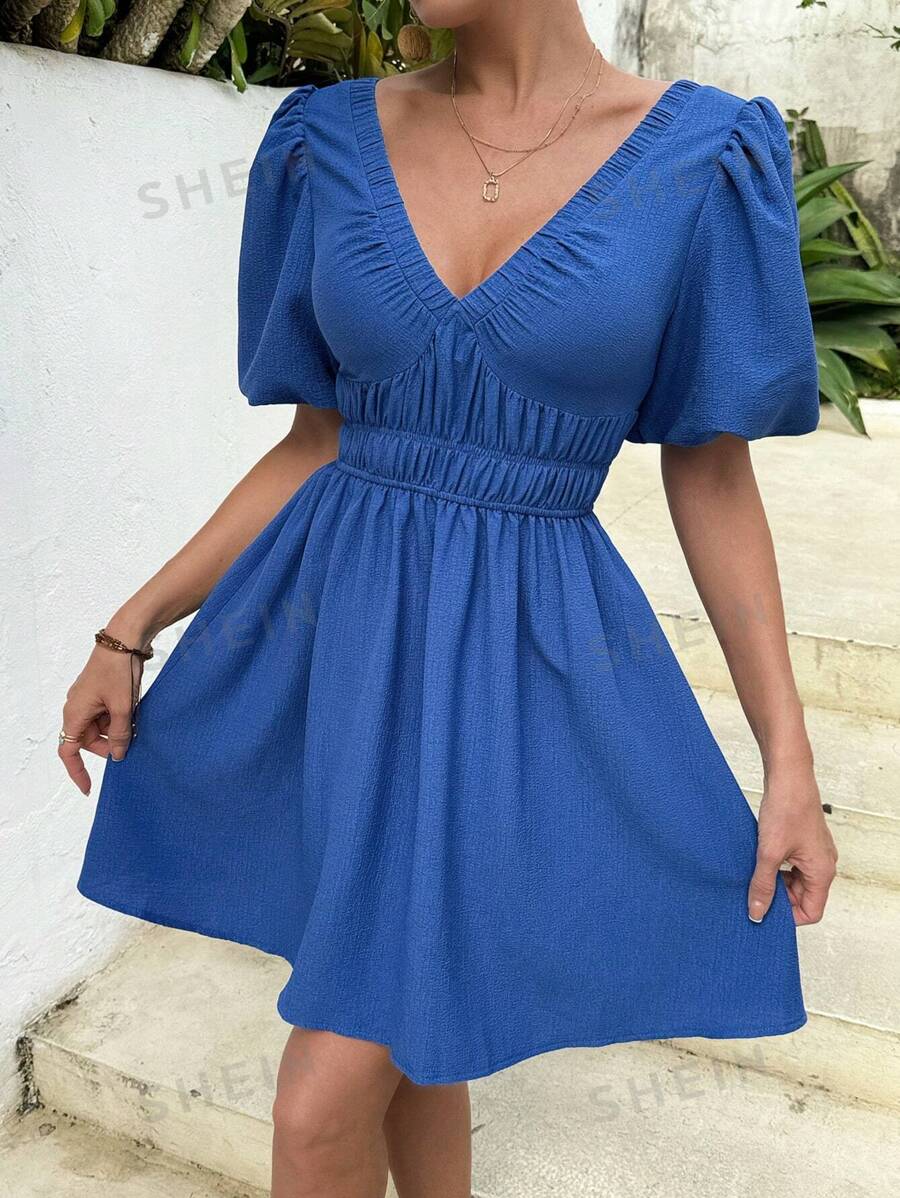 SHEIN Frenchy Ladies' Blue V-Neck Puff Sleeve Backless Dress With Knot ...
