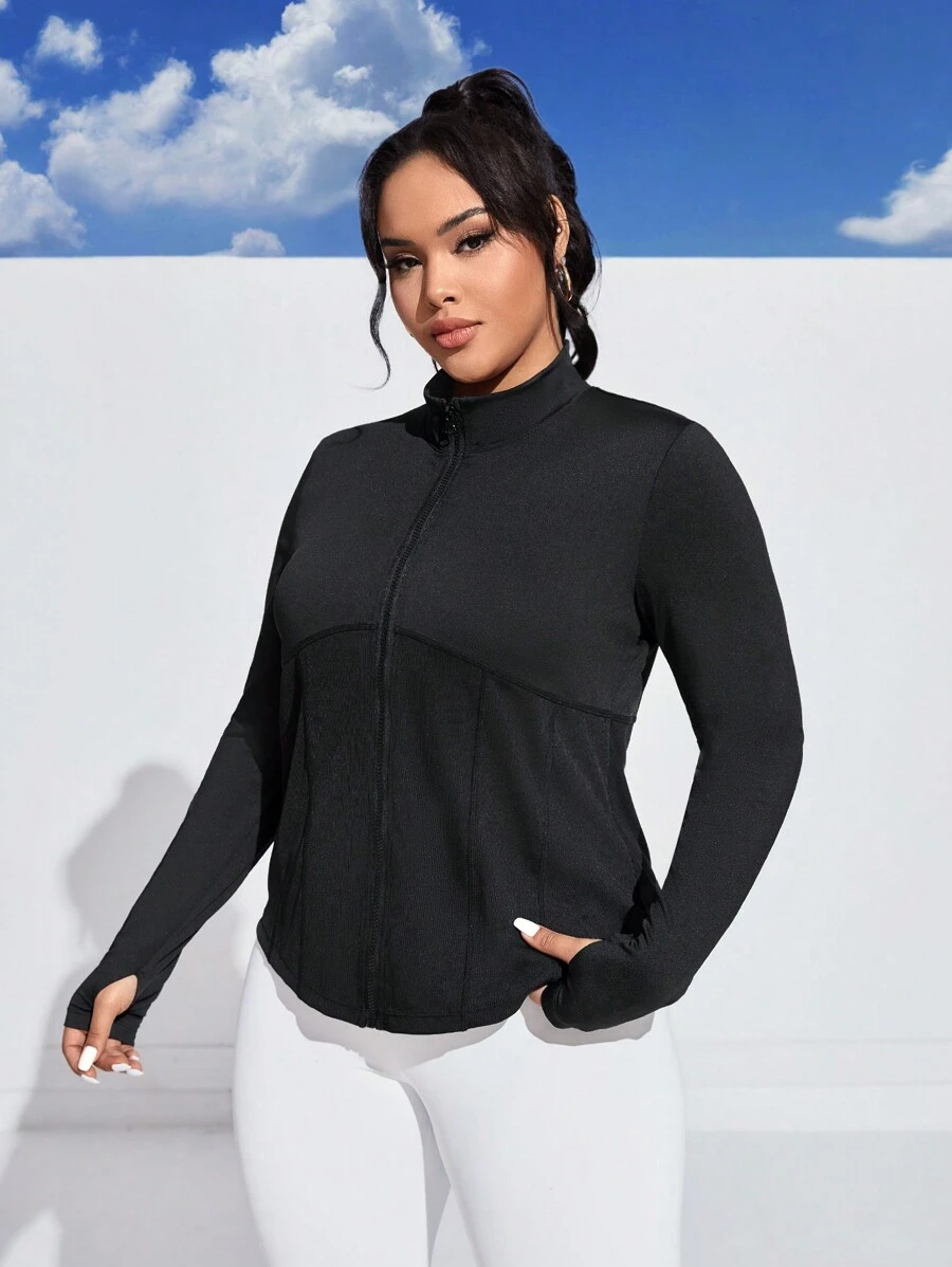 Yoga Basic Plus Size Zipper Closure Sport Jacket With Thumbhole | SHEIN UK