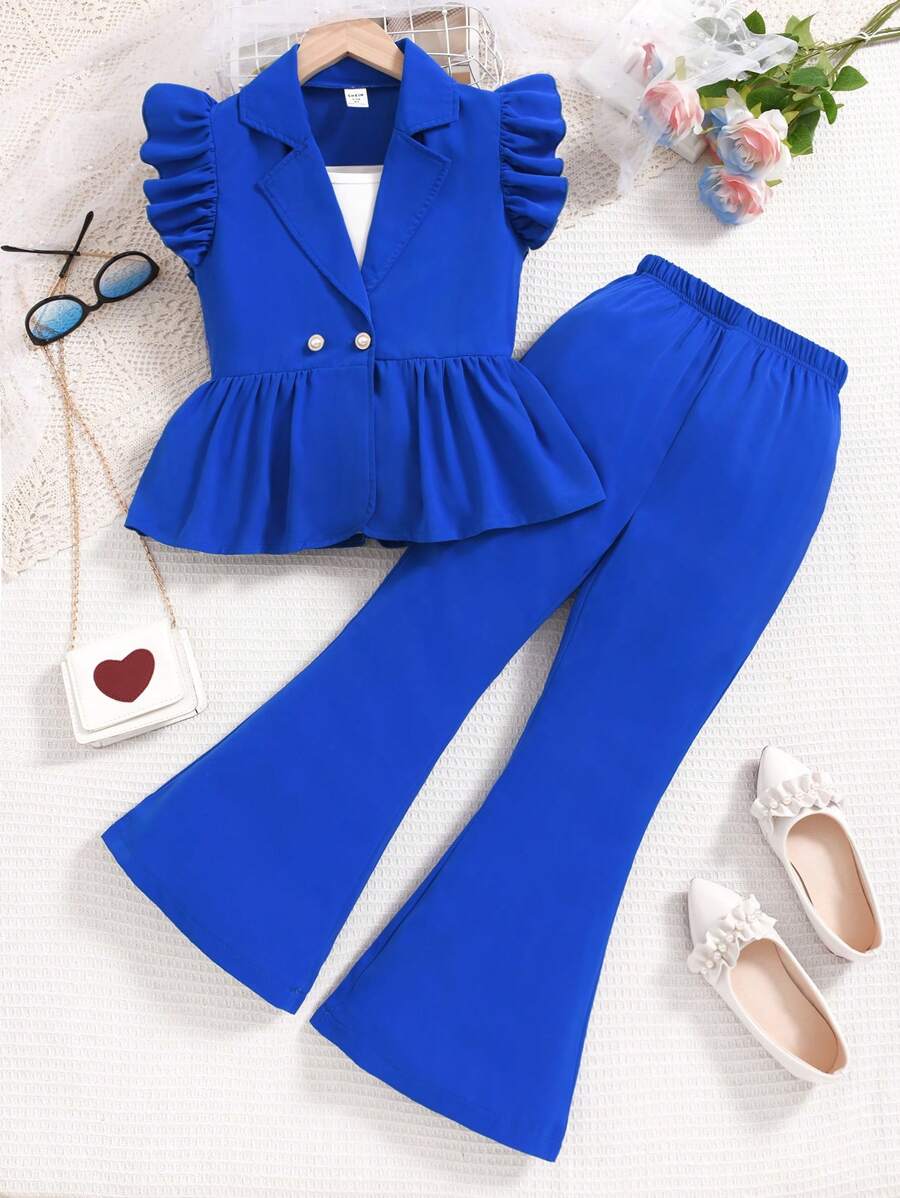 SHEIN Tween Girl Blue Suit Three Pieces Set: Vest, Waistcoat And ...