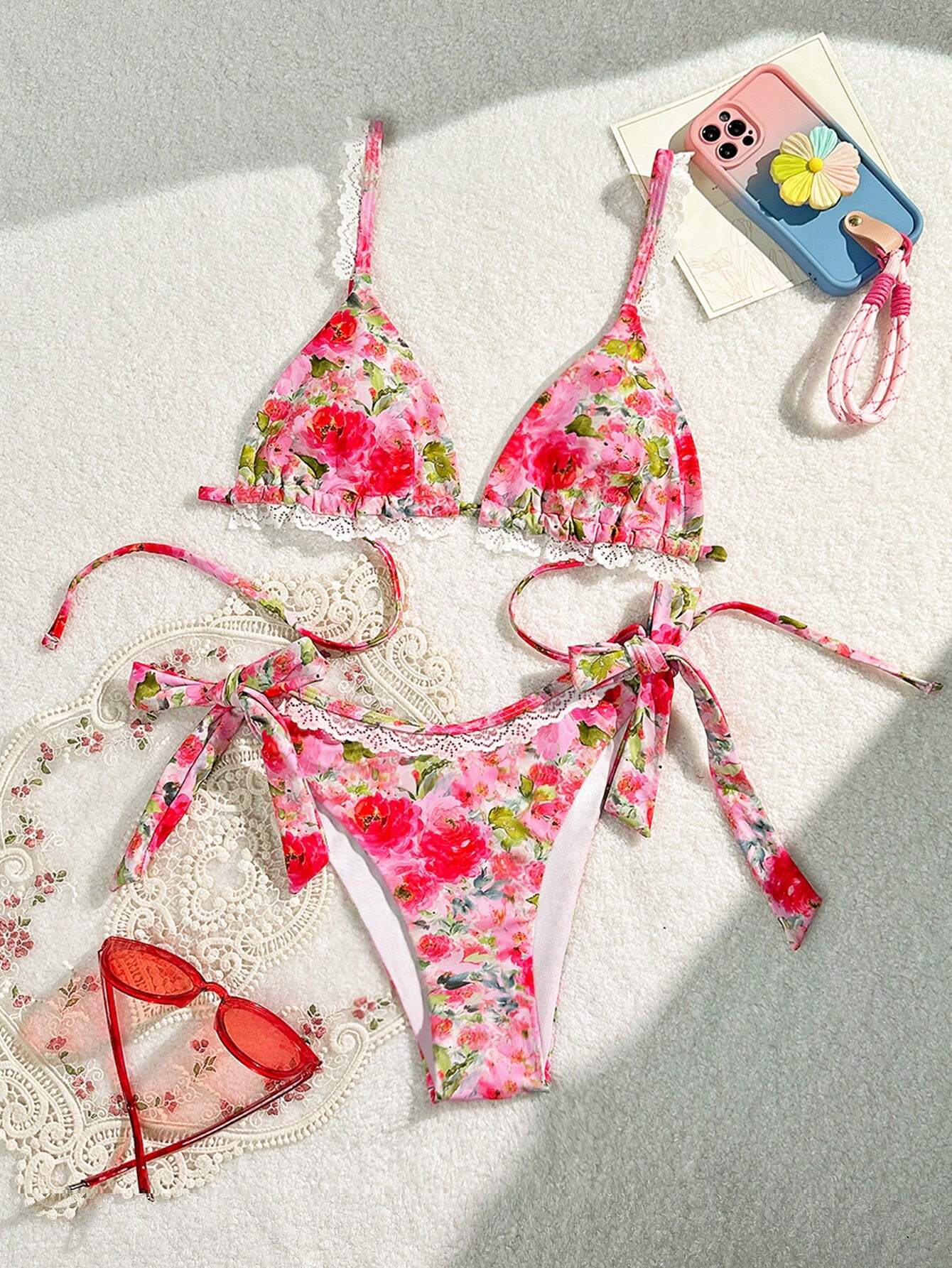 SHEIN Swim Summer Beach Floral Printed Patchwork Lace Side Cut-Out Two ...