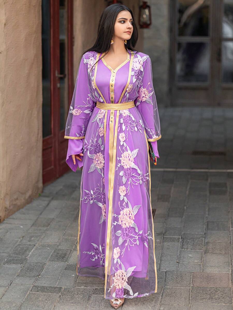 Al Najma Women's Purple Iridescent Floral Embroidery Dress And Cape ...