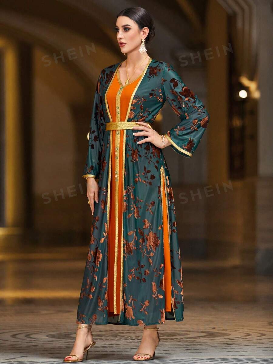 SHEIN Najma Floral Flocking Jacket And Belted Splicing Dress Two Piece ...