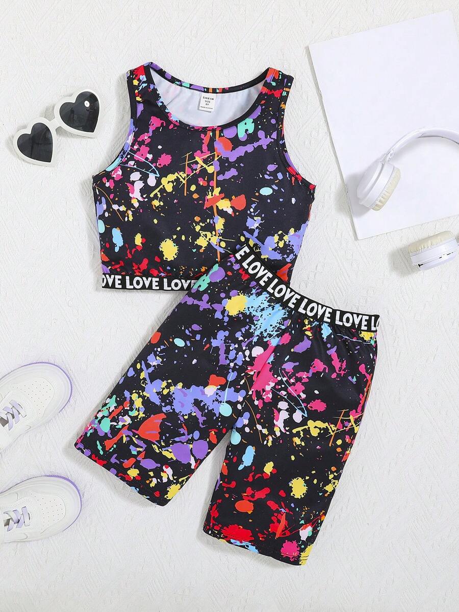SHEIN Tween Girl Splash Ink Print Letter Tape Panel Tank Top & Biker ...