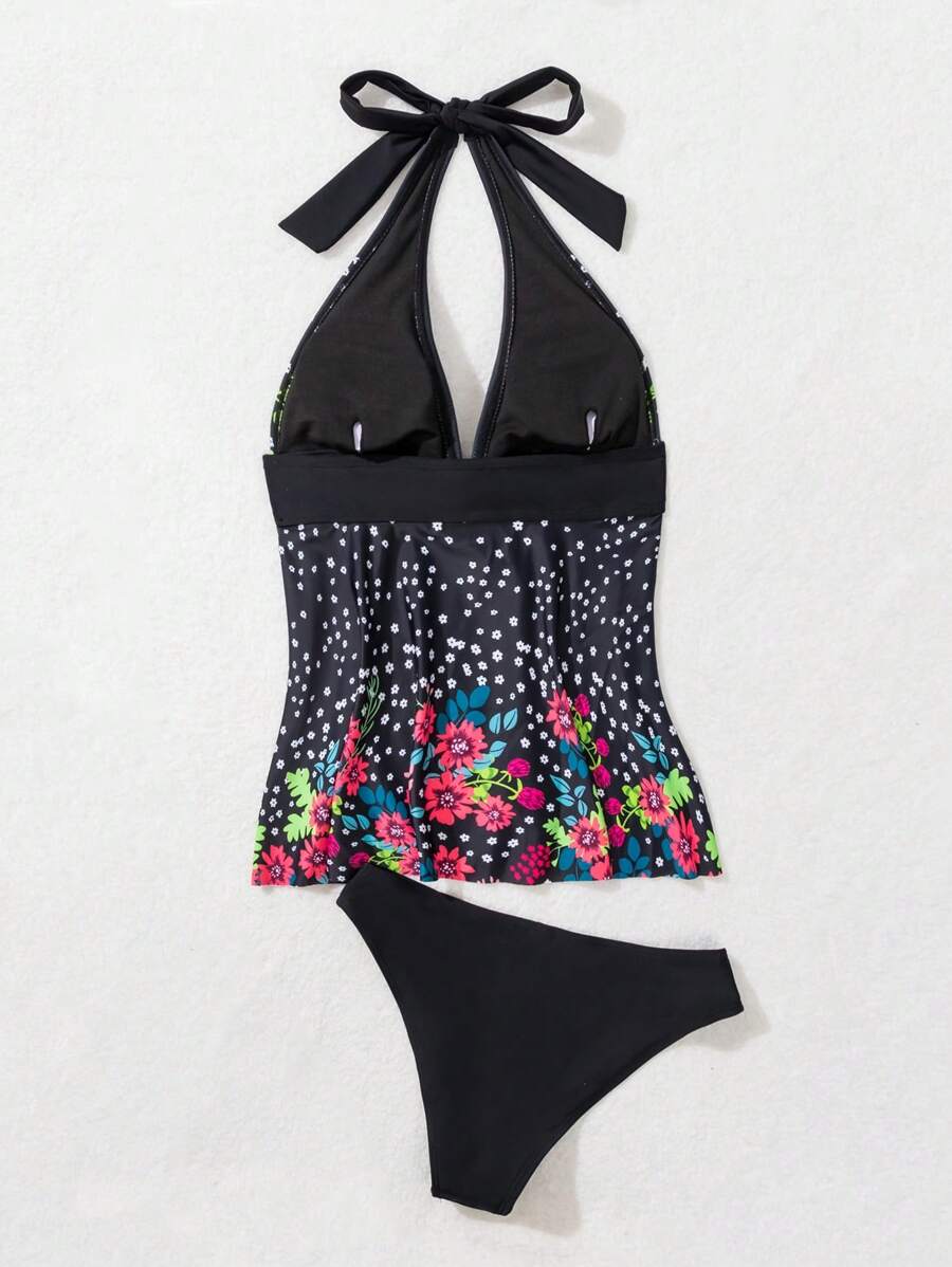 SHEIN Swim Summer Beach Floral Print Halter Neck Tankini Swimsuit | SHEIN