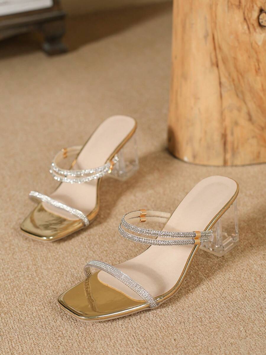 Ladies' Gold Thin Diamond Strapped Double-Worn High Heel Sandals For ...