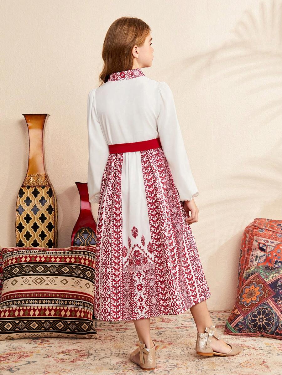 SHEIN Tween Girl Cute Peter Pan Collar Light Palace Print Long Sleeve Midi Dress | SHEIN UK