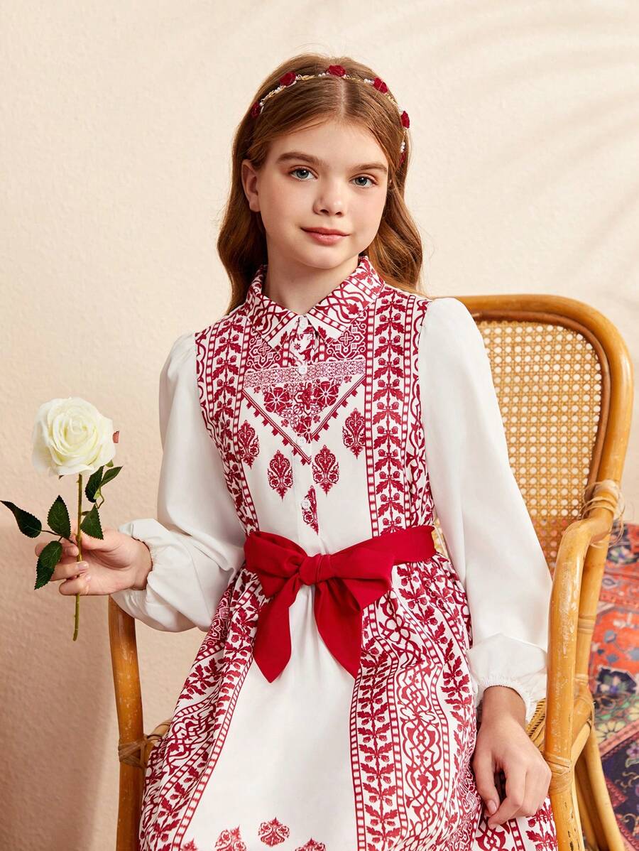 SHEIN Tween Girl Cute Peter Pan Collar Light Palace Print Long Sleeve ...