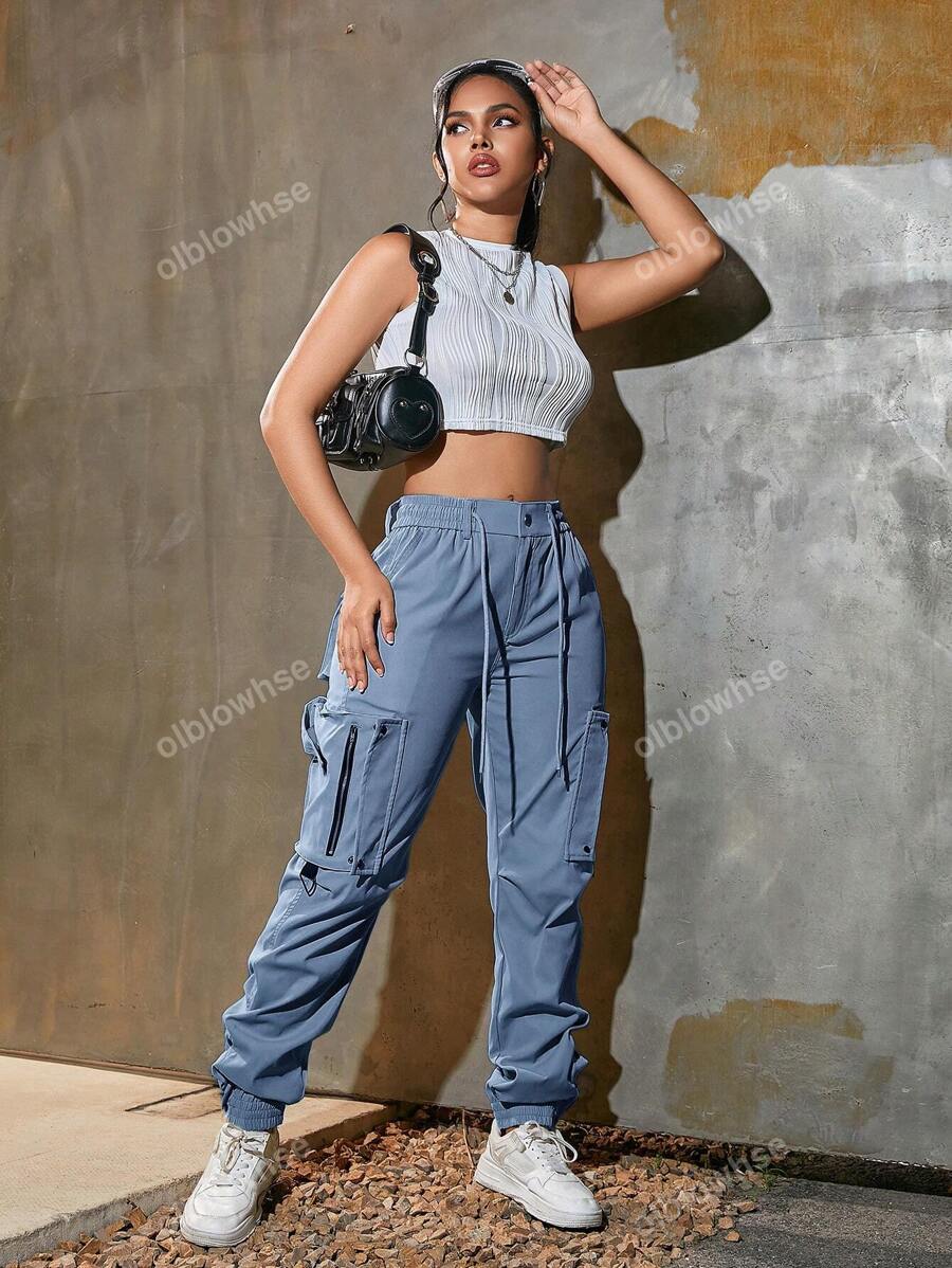 Y2K Street Drawstring Waist Flap Pocket Side Zipper Detail Button Hem ...