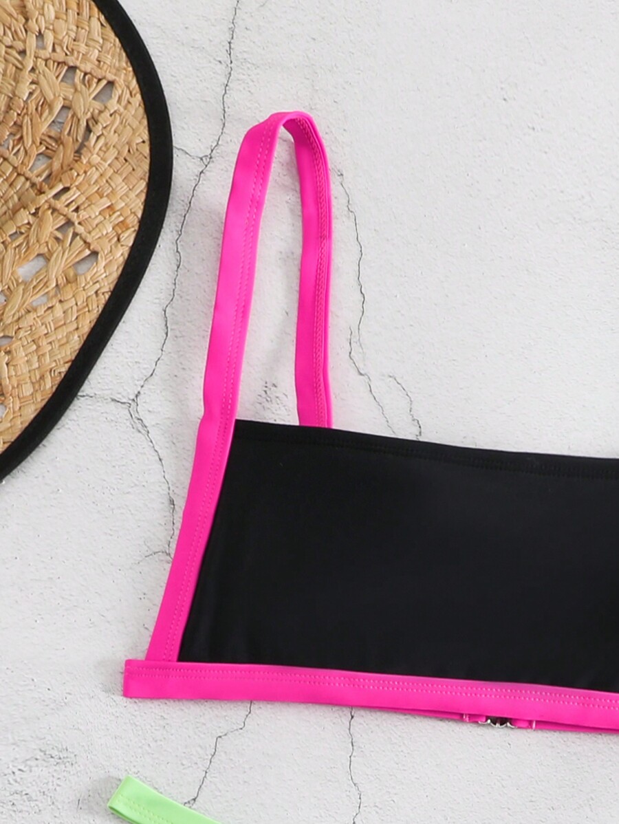 SHEIN Swim Ladies' Summer Beach Contrast Neon Trim Bikini Set Swimwear ...