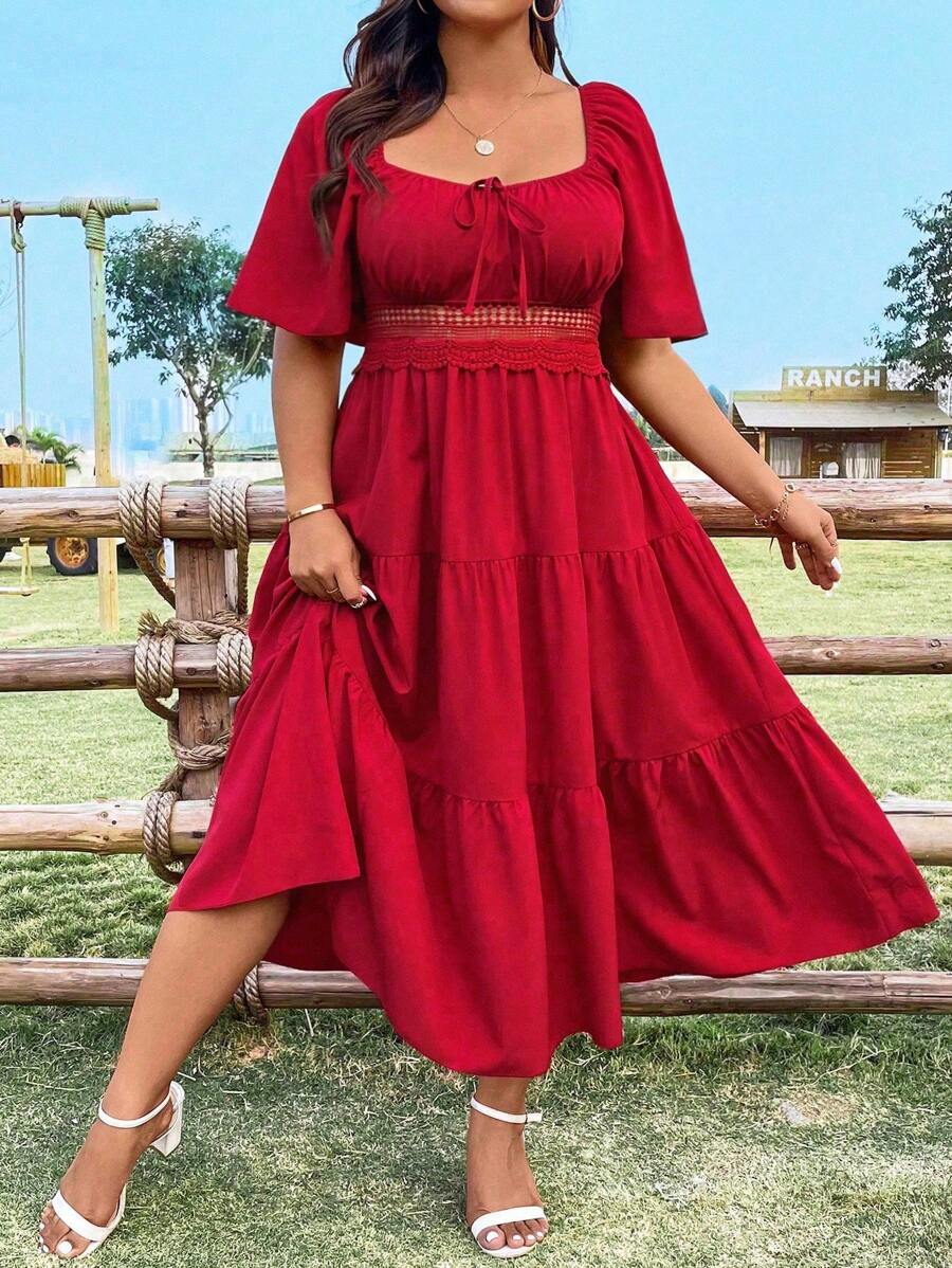SHEIN Holidaya Vestido Elegante Bordado Plus Size Com Decote Princesa ...