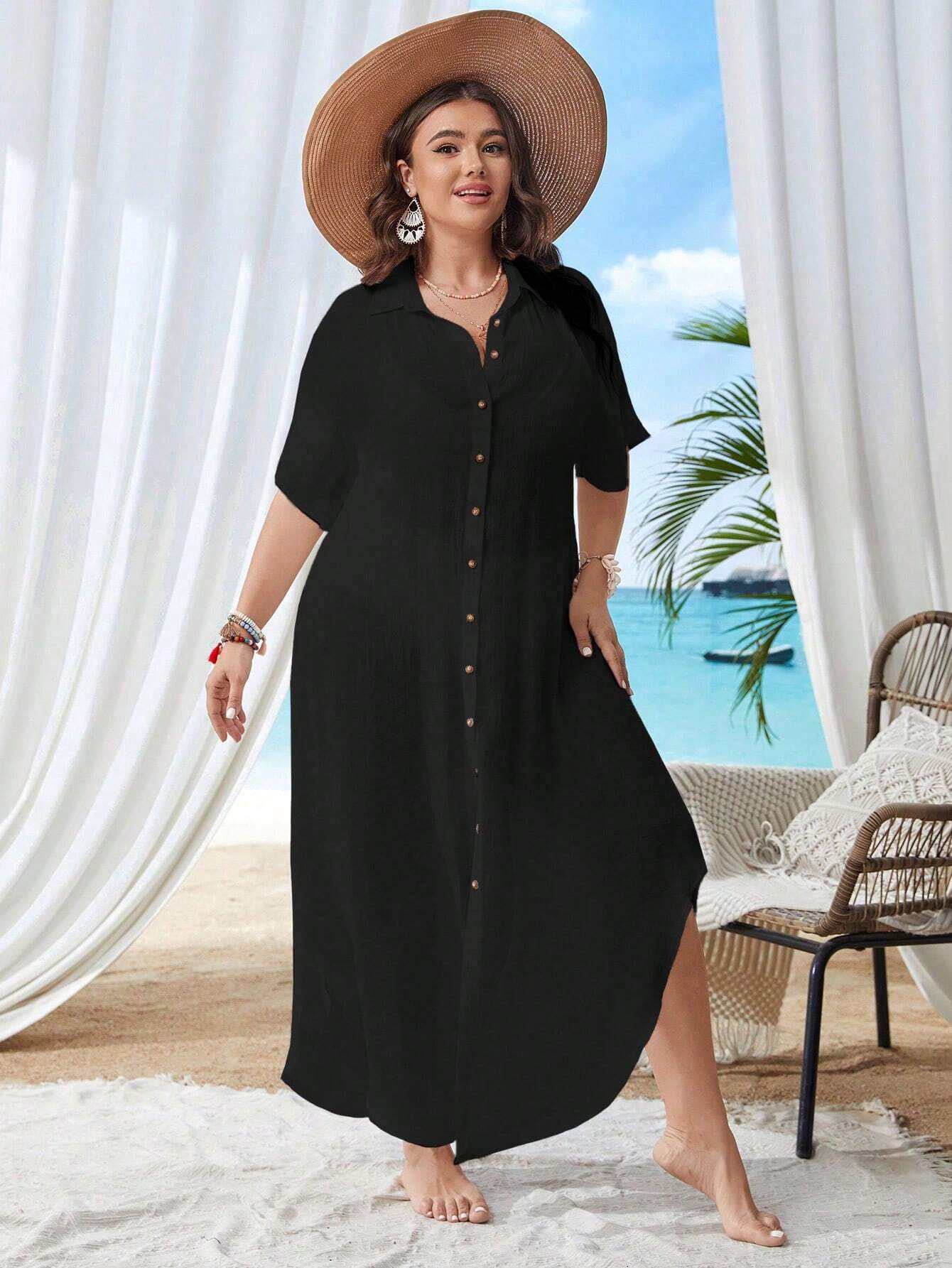 SHEIN Swim Basics Summer Beach Plus Size Solid Color Button Front Short ...