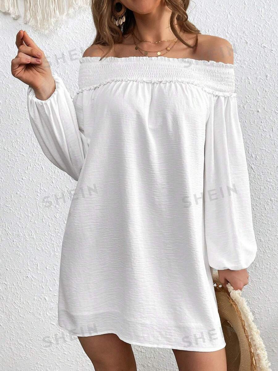 SHEIN VCAY Wedding Women Dresses Beach Solid Woven Off-Shoulder Simple ...