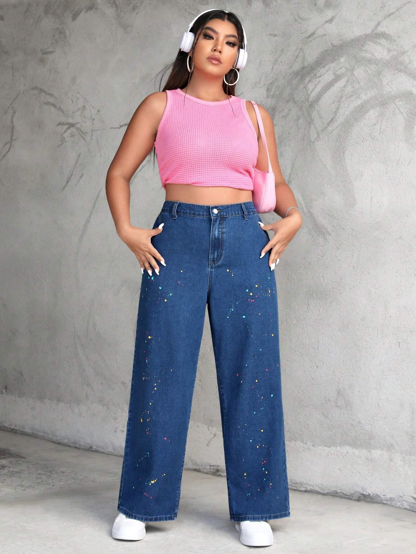 Shein Ezwear Plus Size Womens Loose High Waist Wide Leg Jeans With Ink