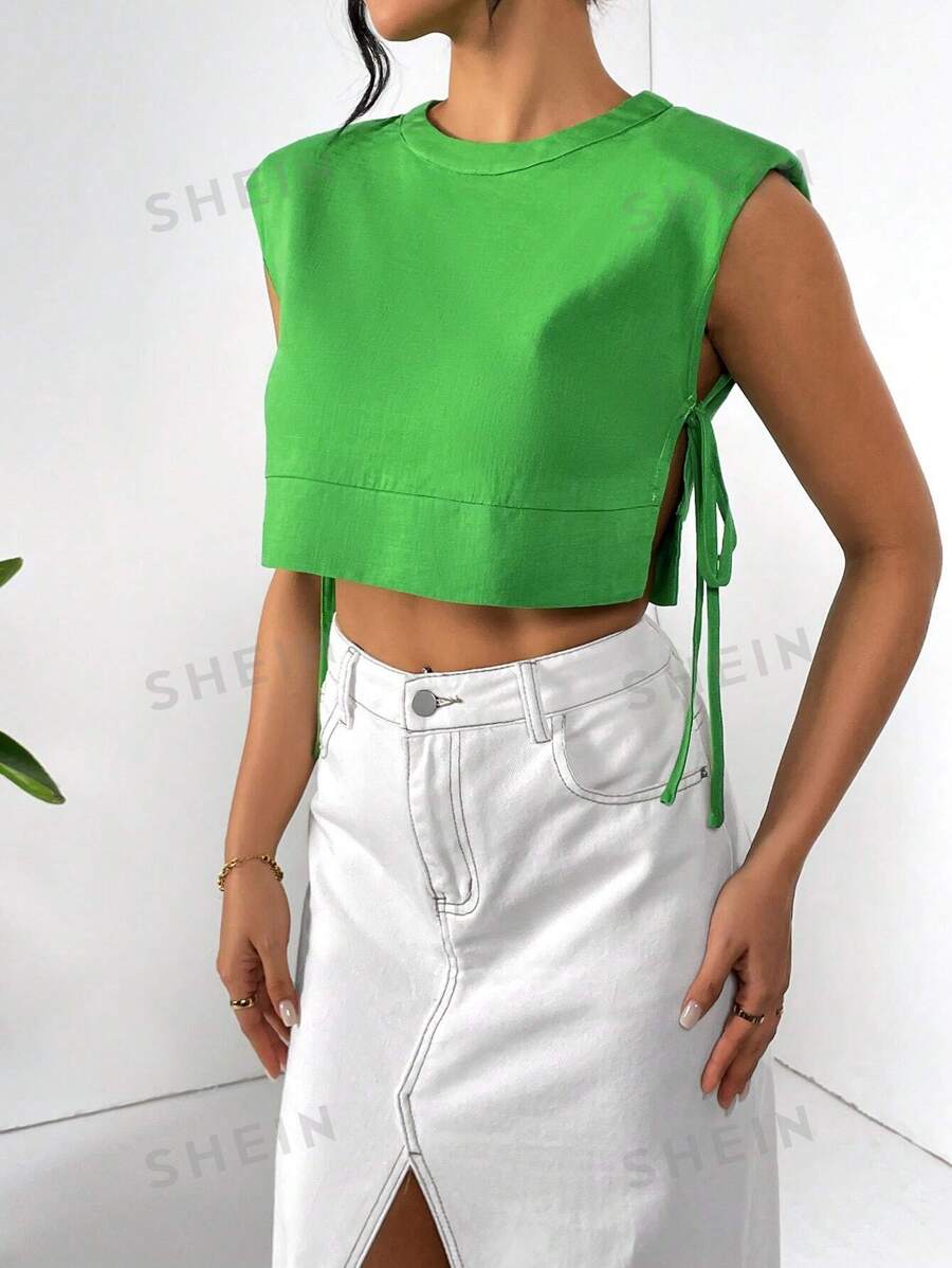 SHEIN Essnce Summer 2024Women Oliday Linen Ant Set Crop Ops Solid ...