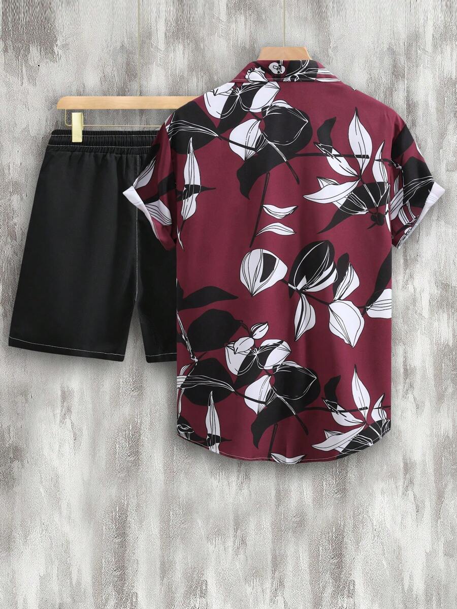 Manfinity RSRT Men'S Floral Printed Shirt And Solid-Colored Shorts 2pcs ...