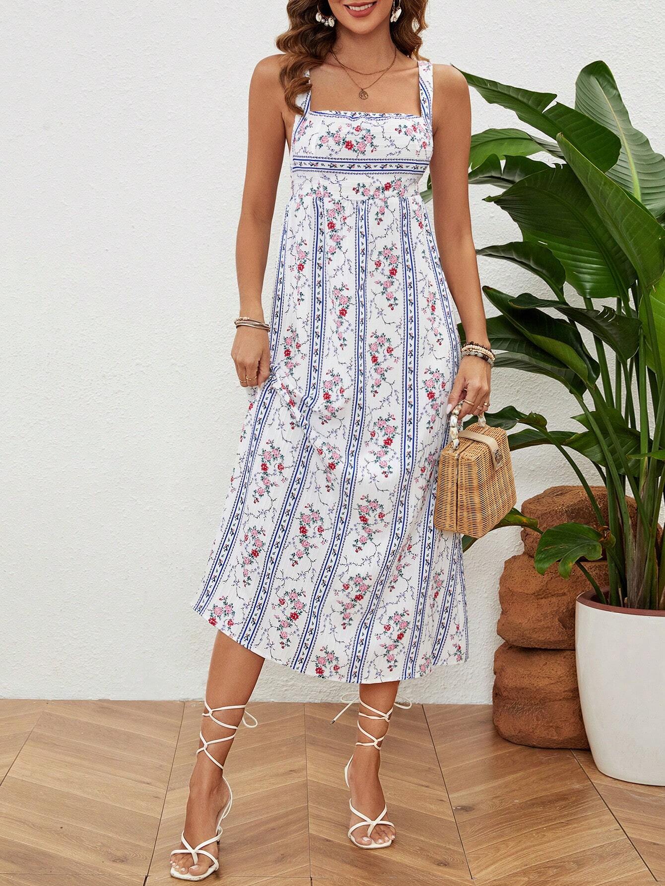 SHEIN VCAY Floral Print Square Neck Sleeveless Sundress | SHEIN USA