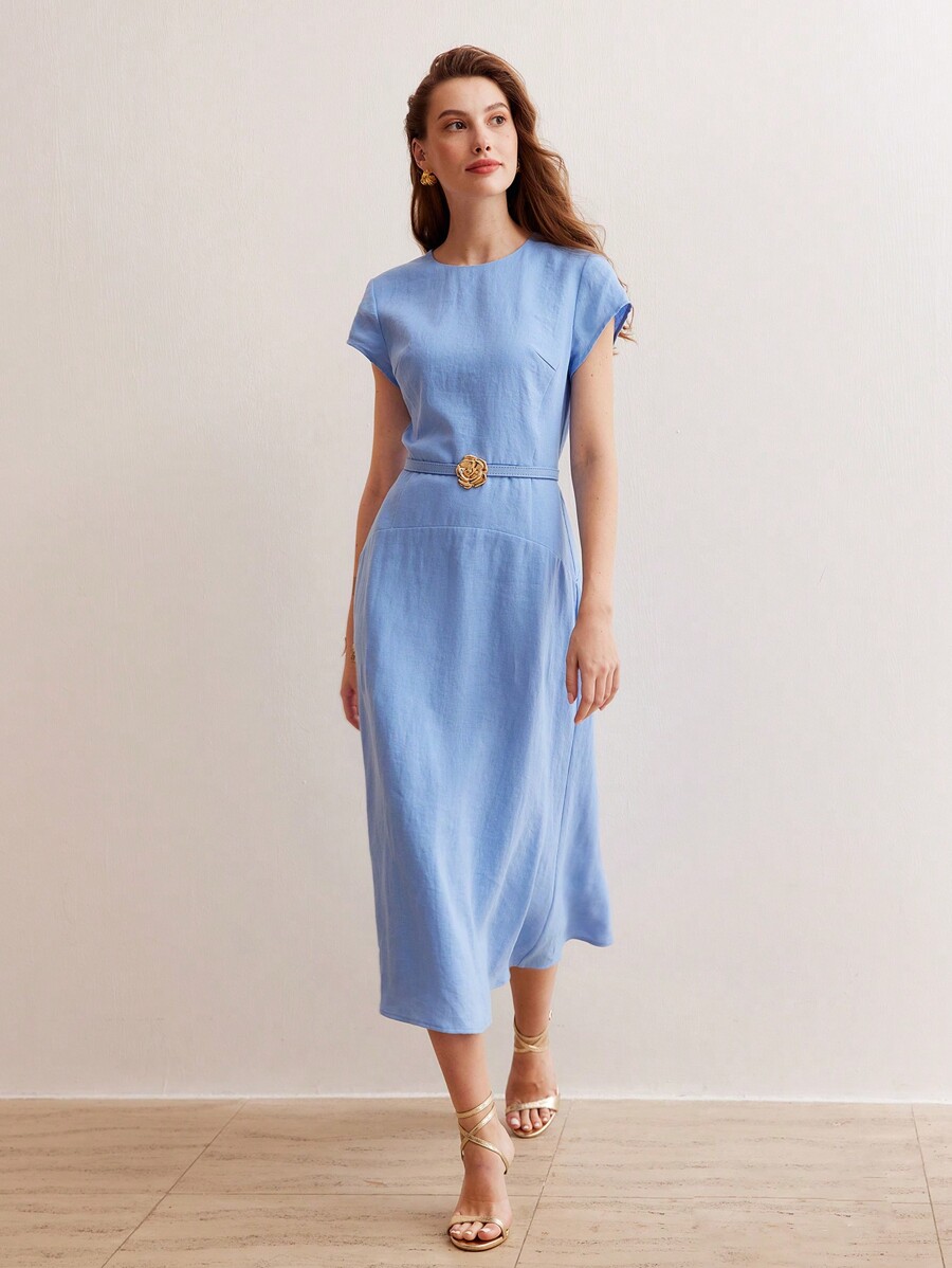 MOTF PREMIUM PURE LINEN SOLID GOLD METAL FLORAL BELTED DRESS | SHEIN USA