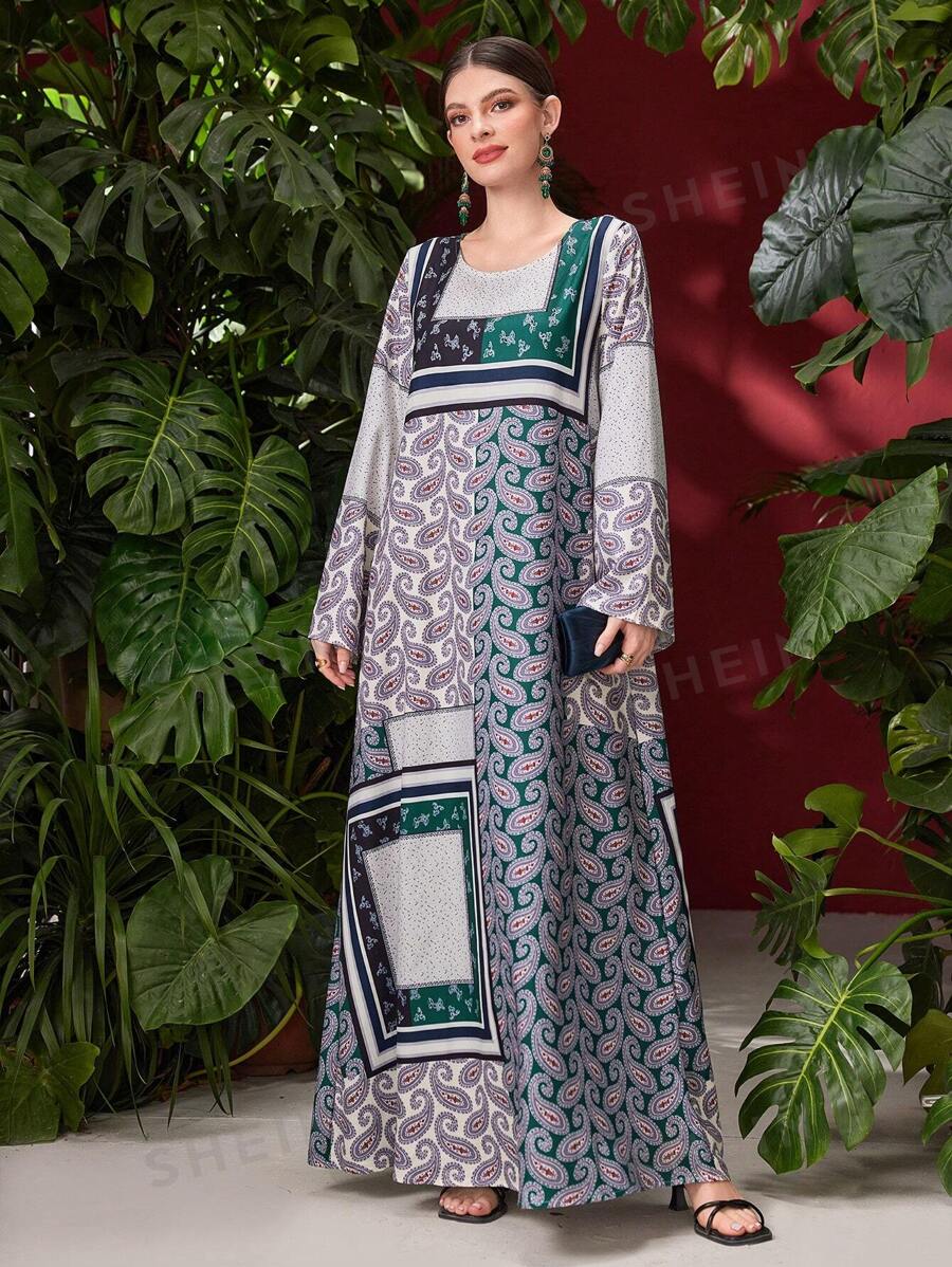 Shein Mulvari Ladies Kaftan Dress With Paisley Print And Lantern