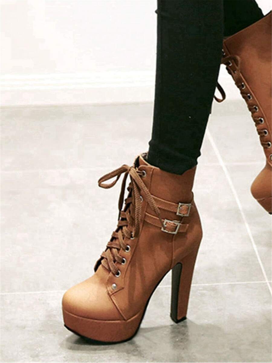 Women's Chunky Heel Short Boots, Waterproof Platform, High Heel, Lace ...