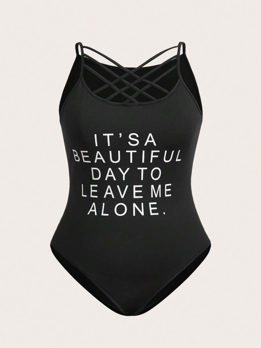SHEIN EZwear CURVE Plus Size Bodysuit With Slogan Print, Crossed Cut ...