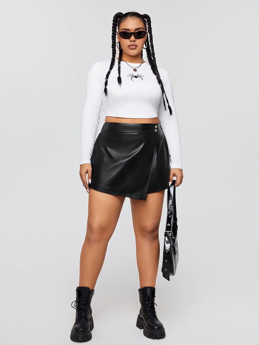 SHEIN Coolane Plus Size Wrap Style Pu Leather Mini Skorts | SHEIN UK