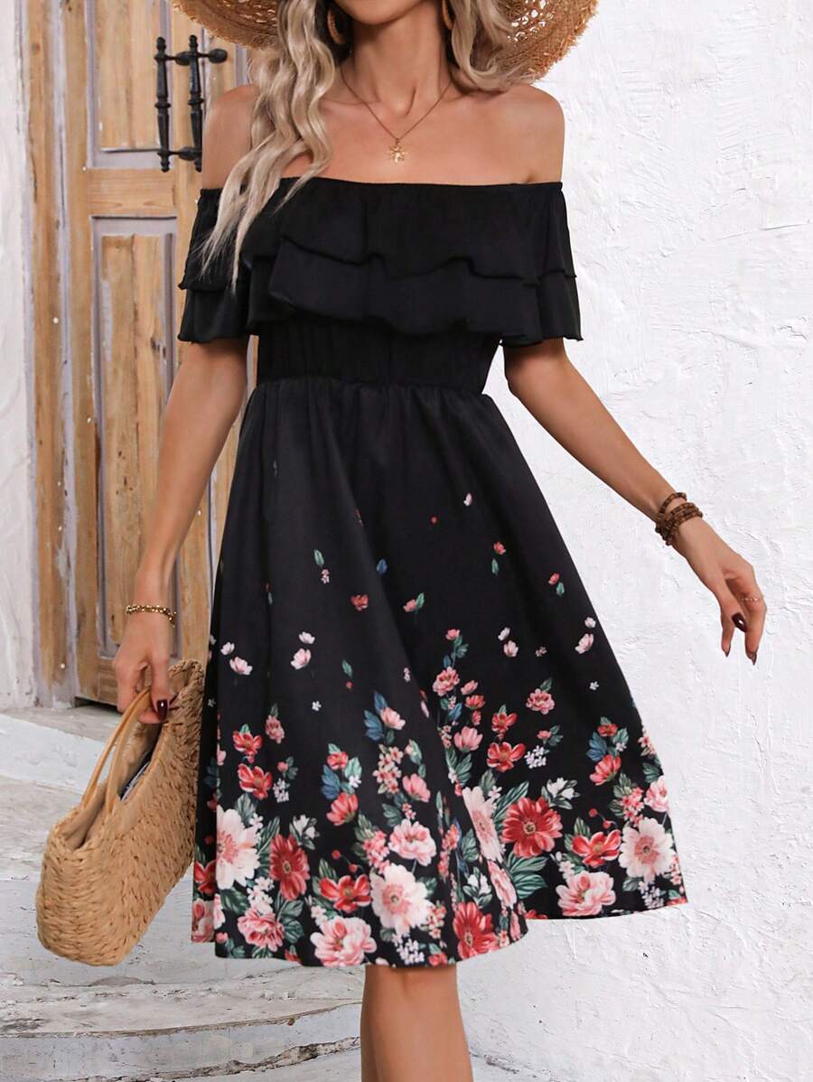 Breezaya Floral Print Off Shoulder Ruffle Trim Belted Dress | SHEIN USA