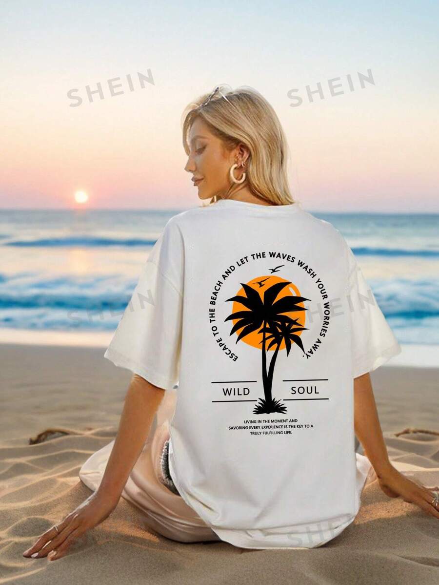 SHEIN EZwear Locker Sitzendes, Kurzärmliges T-shirt Für Damen Mit "strandurlaub"-slogan Und ...