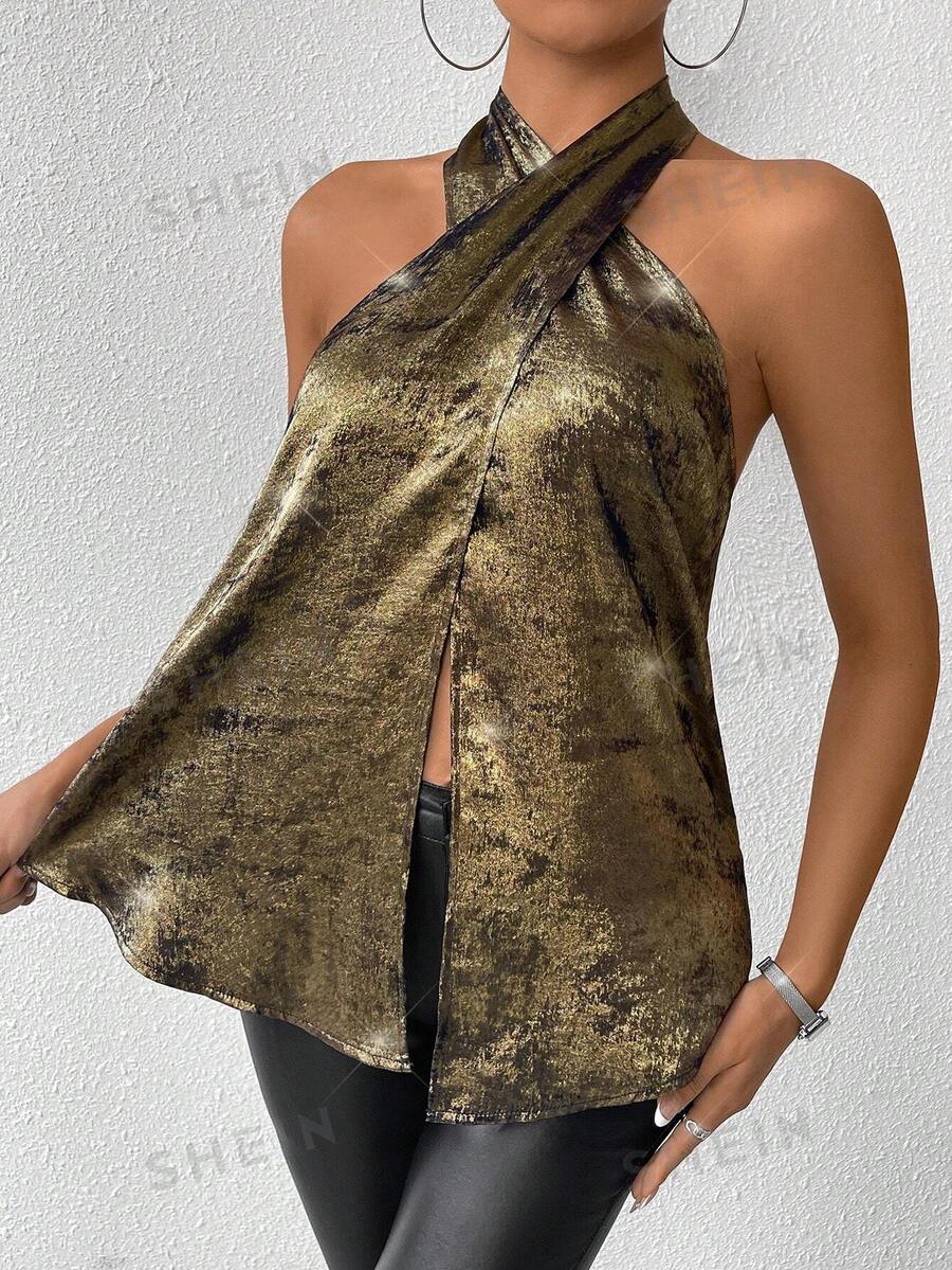 SHEIN Privé Women's Metal Texture Cross Halter Neck Blouse | SHEIN UK