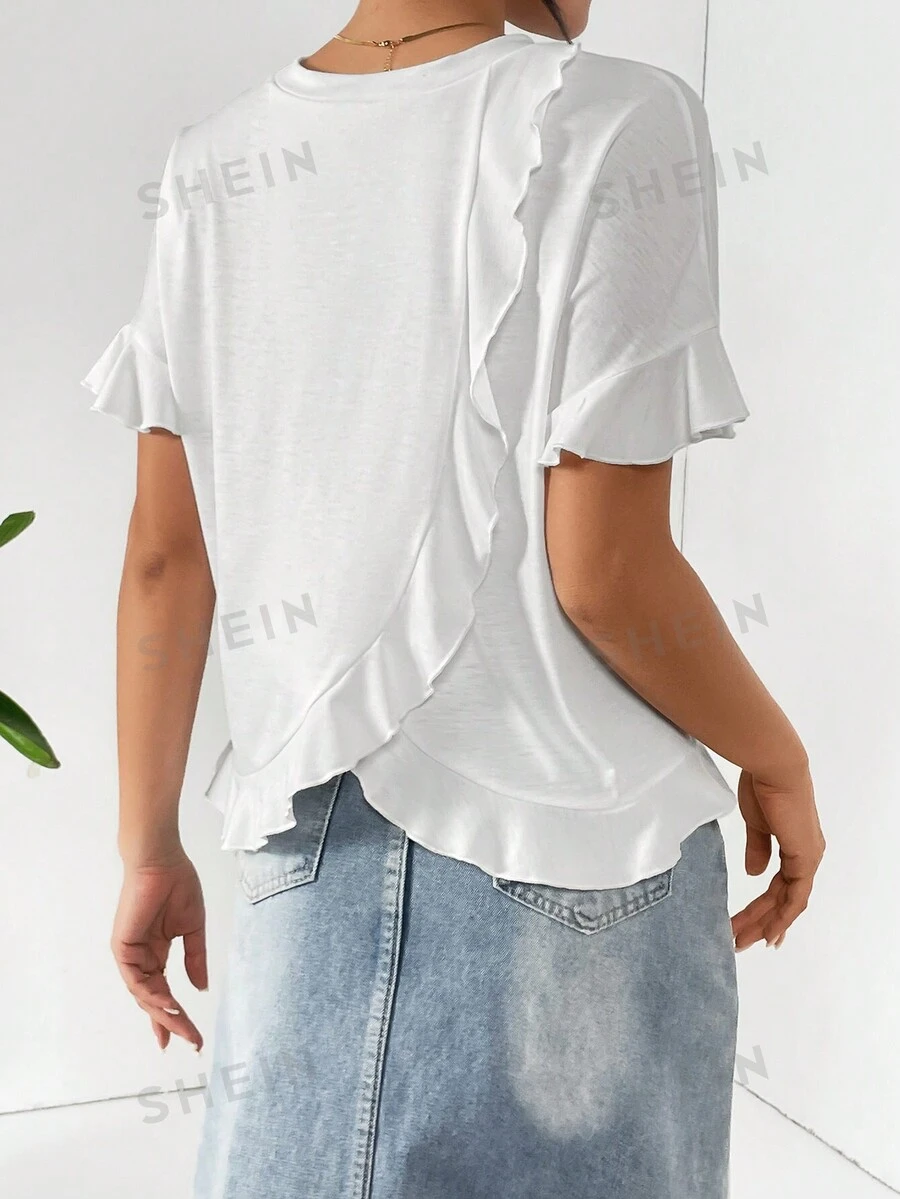 SHEIN Essnce Sunmmer Ruffle Hem Decor Split Back T-Shirt | SHEIN UK