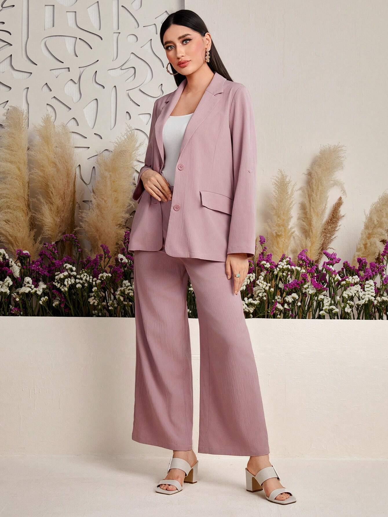 SHEIN Mulvari Women's Solid Color Notched Lapel Roll-Up Sleeve Blazer ...