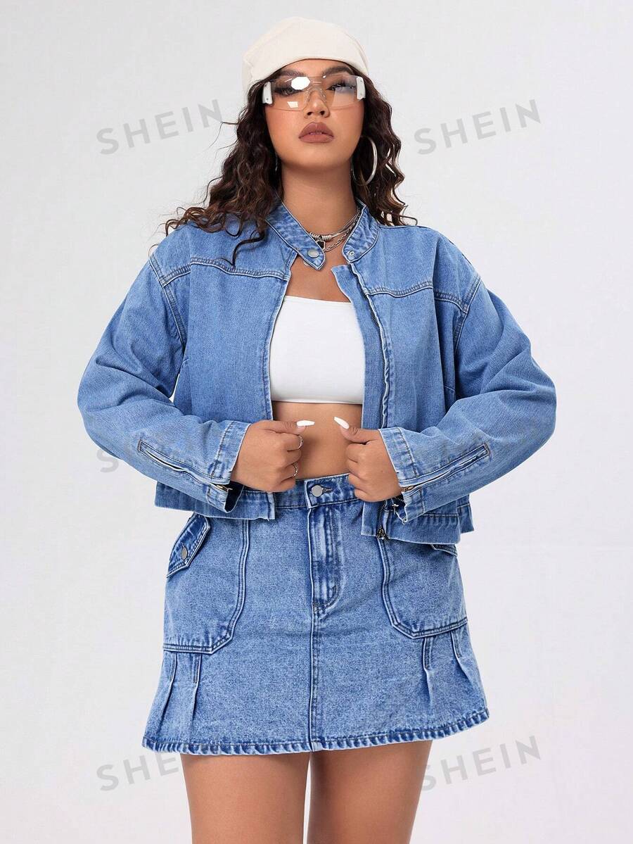 SHEIN ICON Plus Size Cropped Denim Jacket With Zipper Design | SHEIN UK