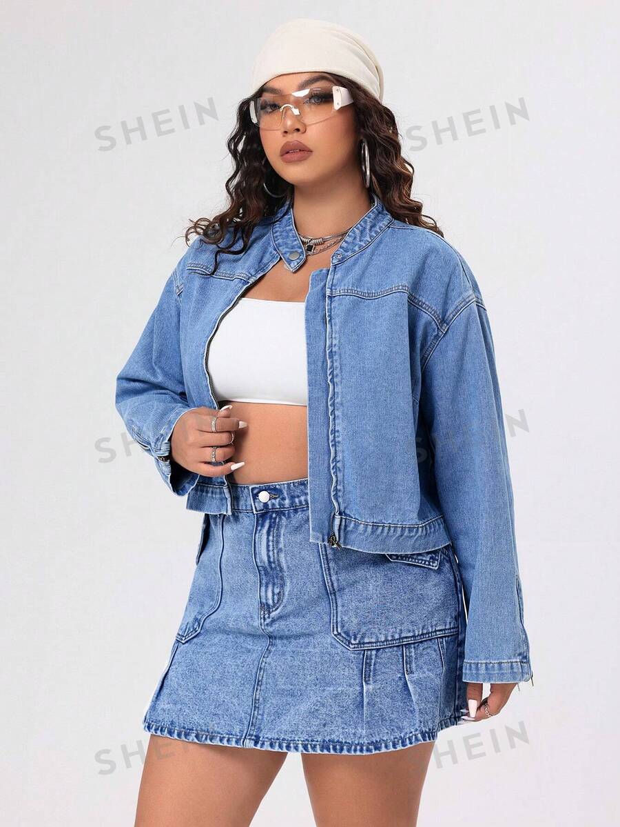 SHEIN ICON Plus Size Cropped Denim Jacket With Zipper Design | SHEIN UK