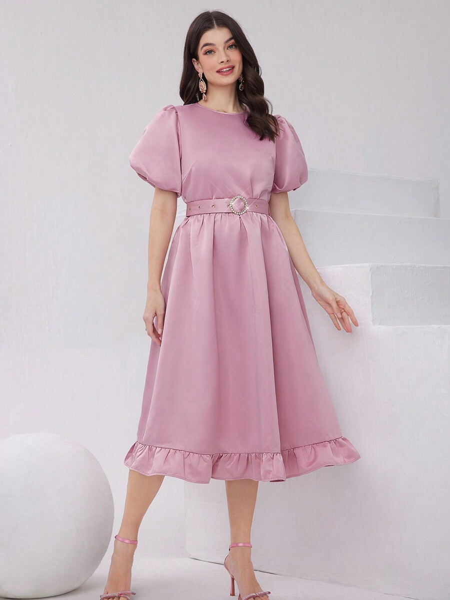 SHEIN Modely Women's Round Neck Short Puff Sleeve Pink Dress With ...