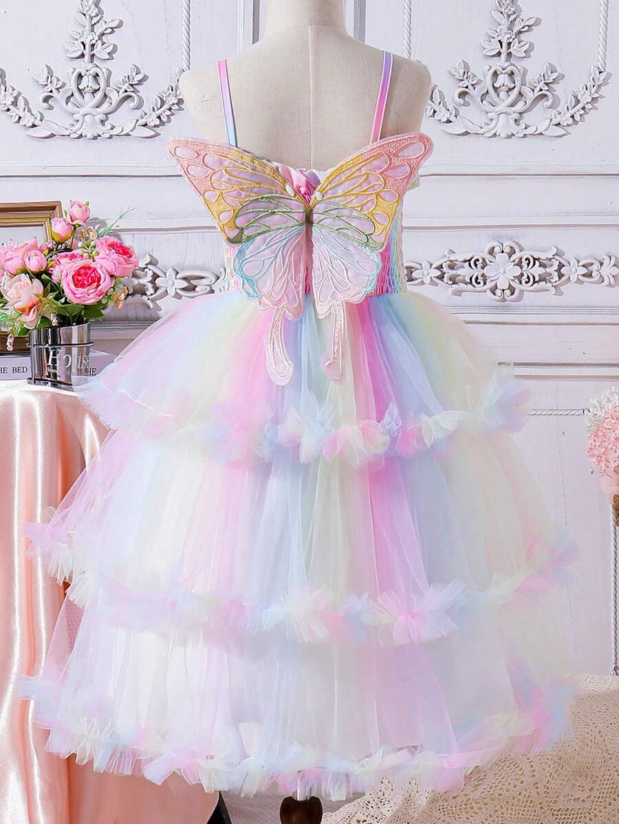 SHEIN Tween Girls' Colorblock Butterfly Embroidery Mesh Cami Dress ...