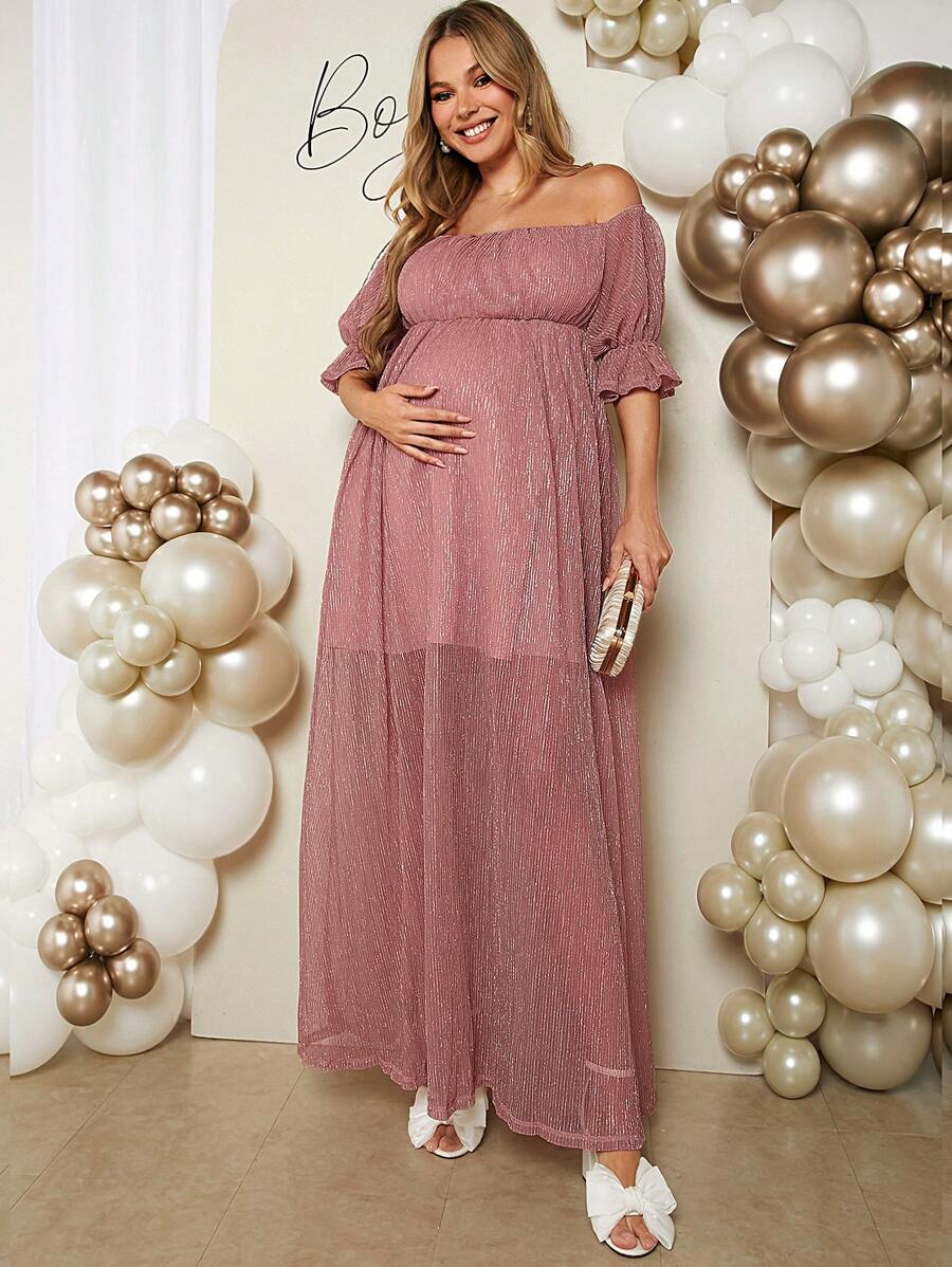 SHEIN Maternity Women's Elegant Romantic Off Shoulder Sheer Dress For ...