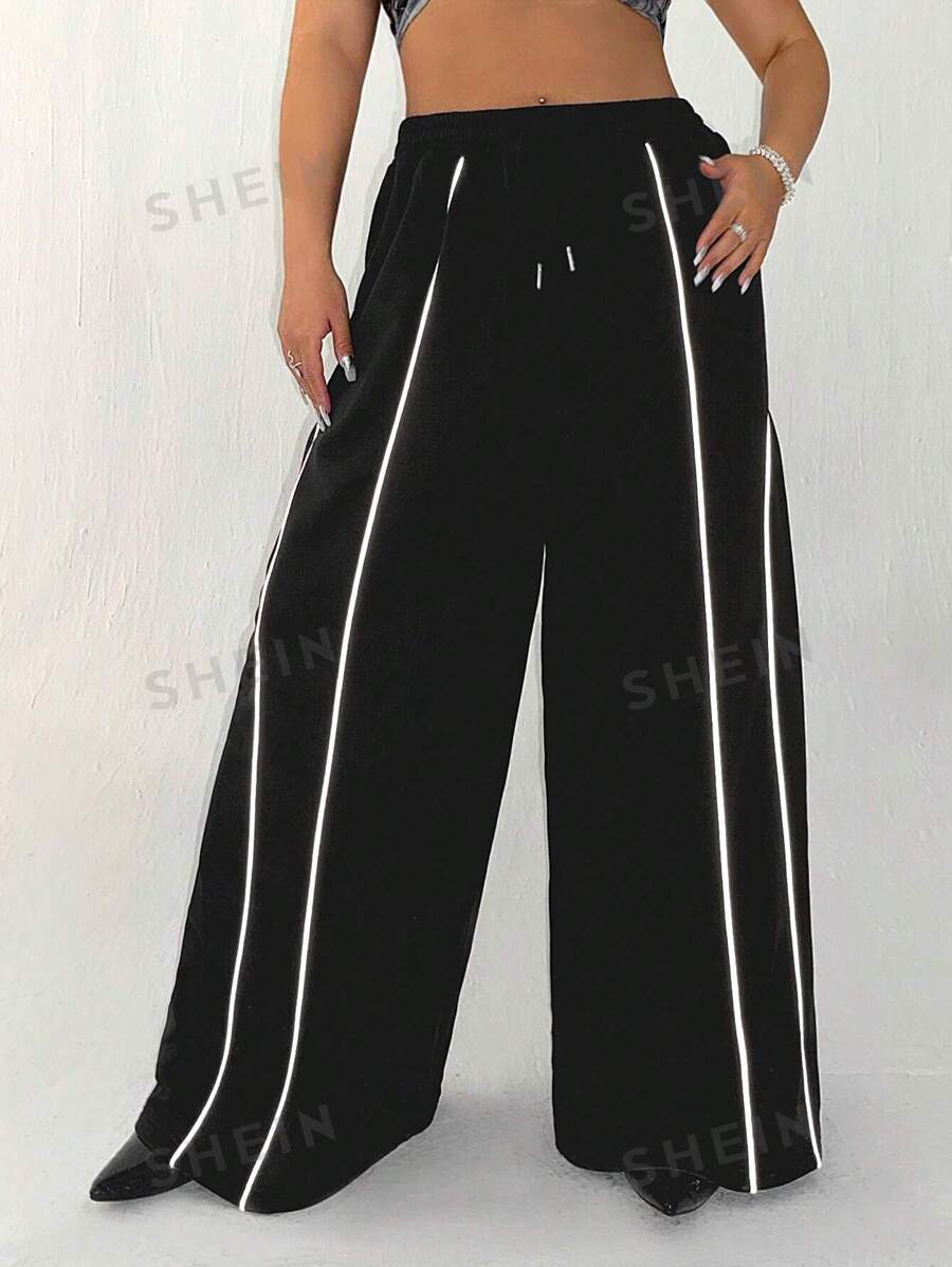 SHEIN ICON Plus Size Color Block Wide-Leg Pants With Reflective Stripes ...