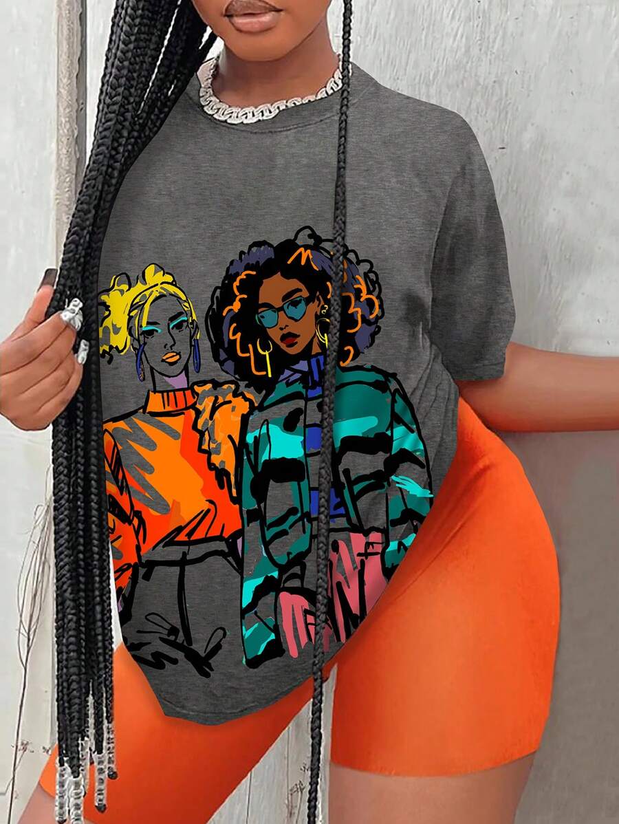 SHEIN Plus Size Women's Character Print Round Neck T-Shirt Graphic Tees ...