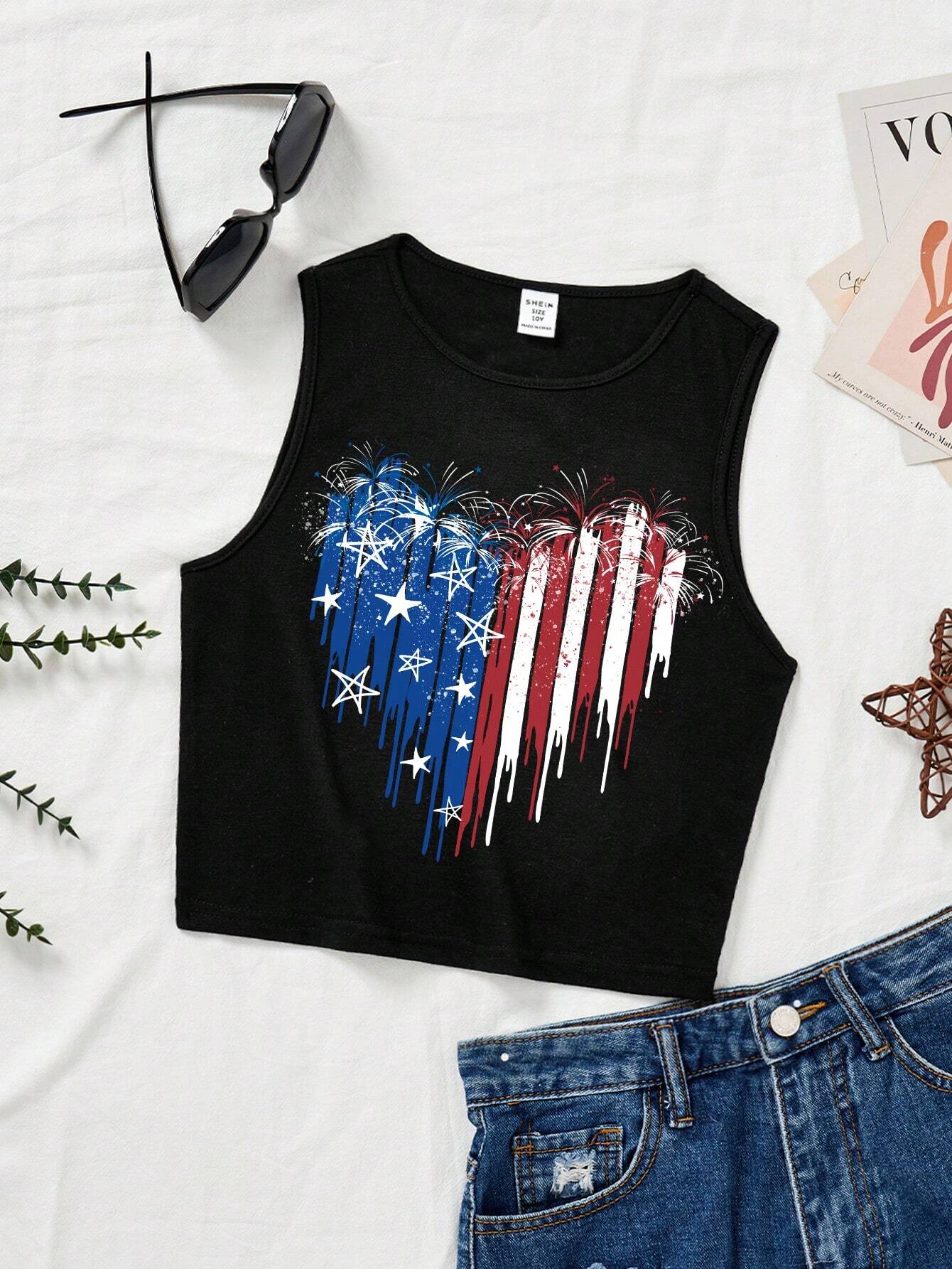 Tween Girls' Casual Simple Heart Print Regular Tank Top For Summer ...