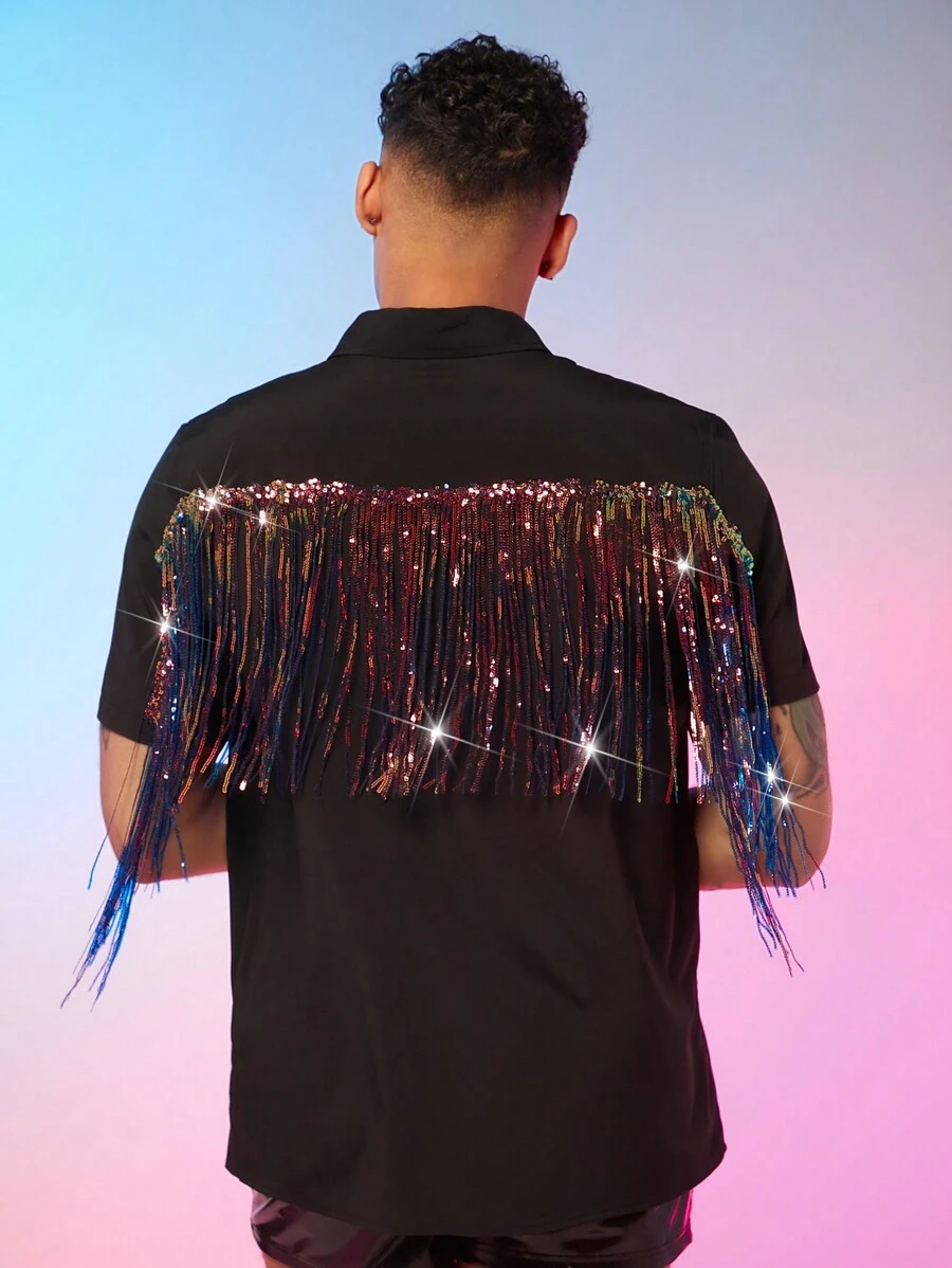 FeverCity Men's Woven Iridescent Sequin Fringe Short Sleeve Shirt ...