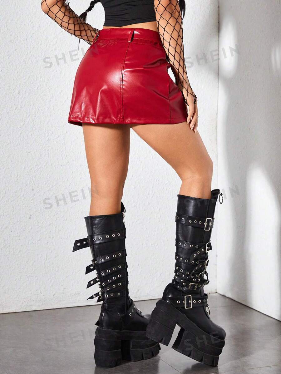 ROMWE Avant Women's Pu Leather Sexy Ultra Low-Rise Bodycon Mini Skirt ...