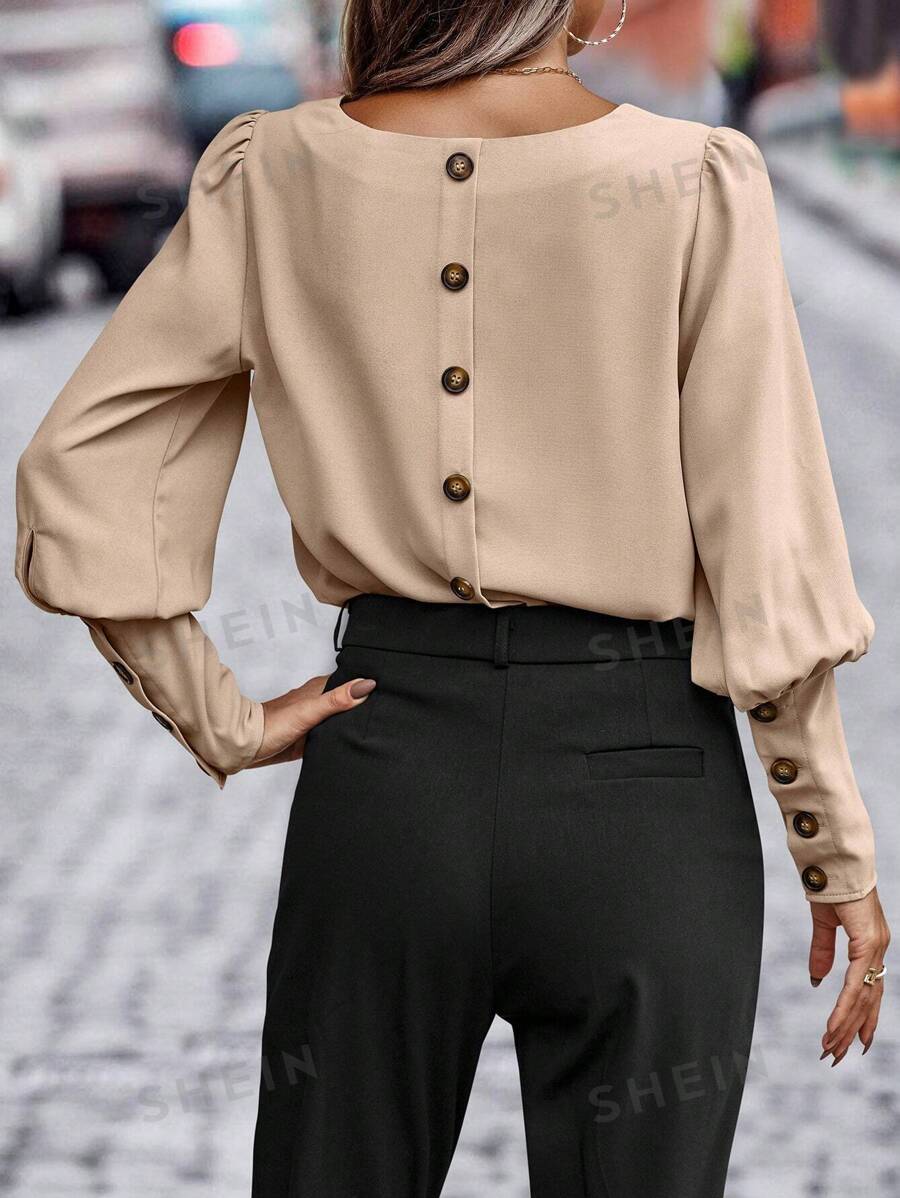 SHEIN Clasi Solid Button Back Blouse | SHEIN UK