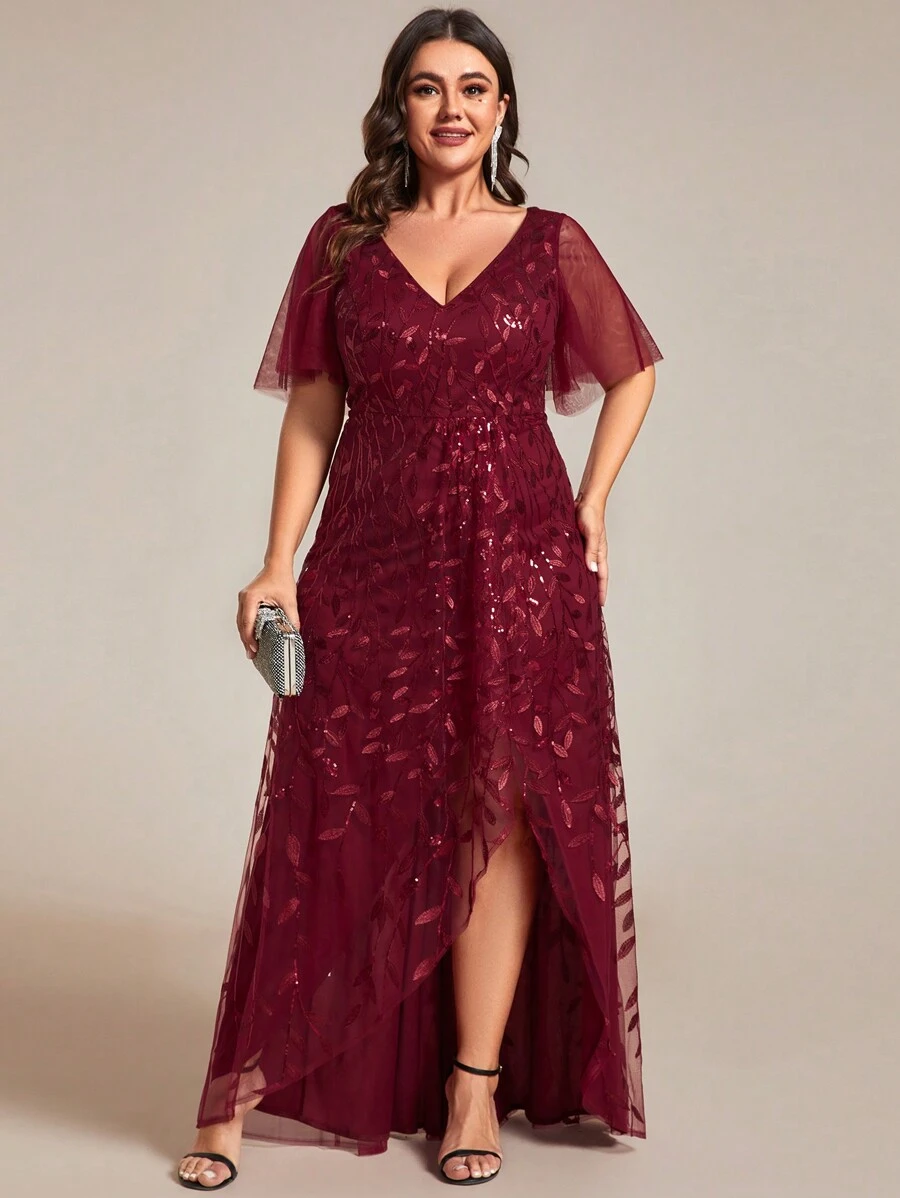 EVER-PRETTY Plunging Neck Sequin Contrast Split Thigh Bridesmaid Dress ...
