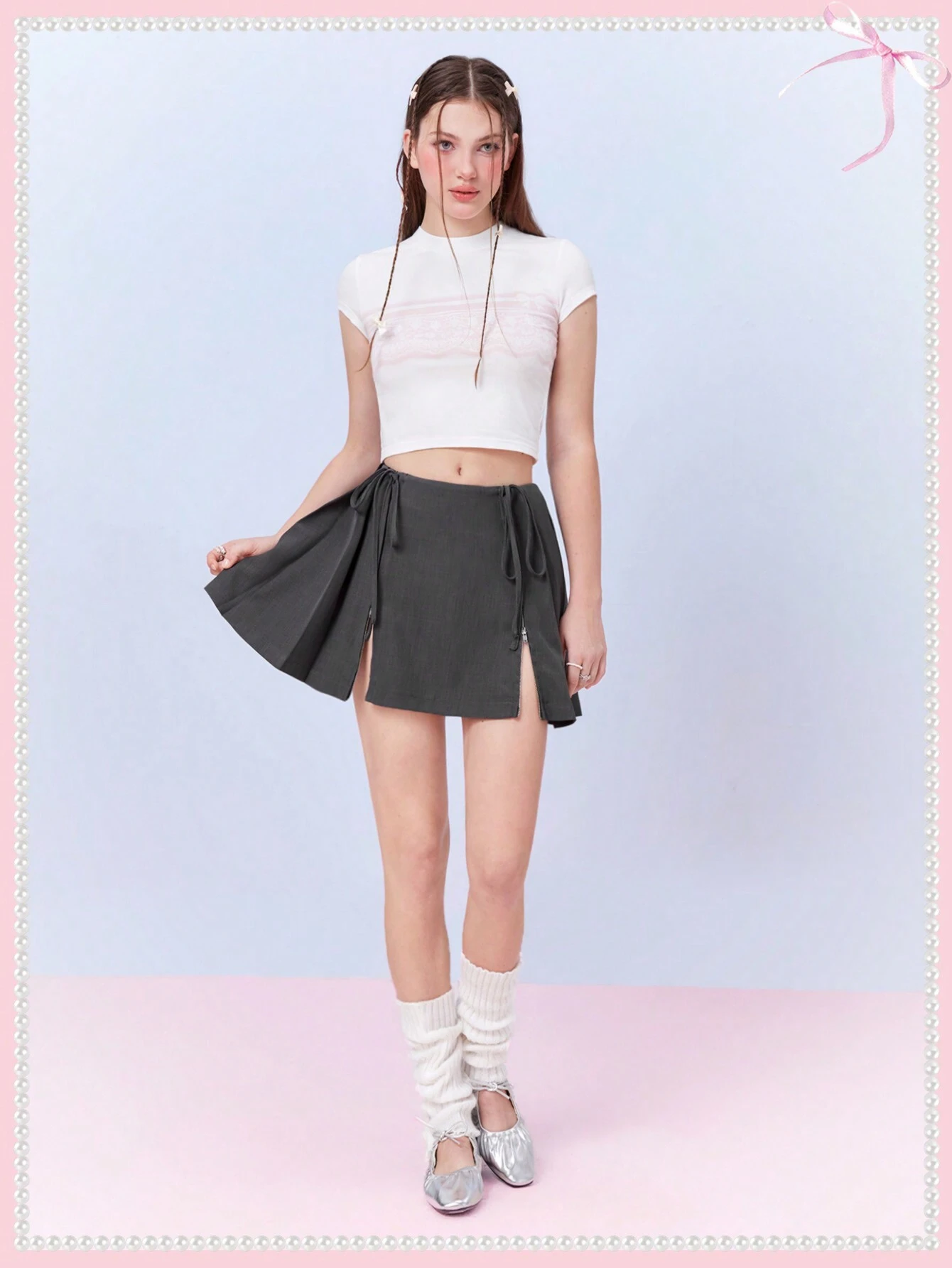 SHEINNeu Balletcore Bow Coquette Kawaii Summer Zipper High Split Skort ...