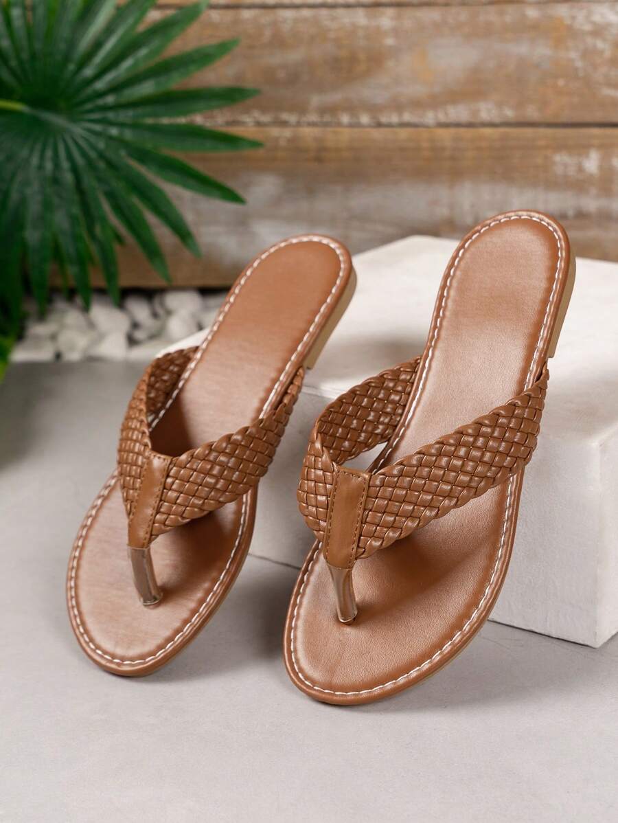 Women's Woven Brown Flat Sandals, Flip Flops, Toe Separator, Solid Color, Anti-Slip, For Indoor ...