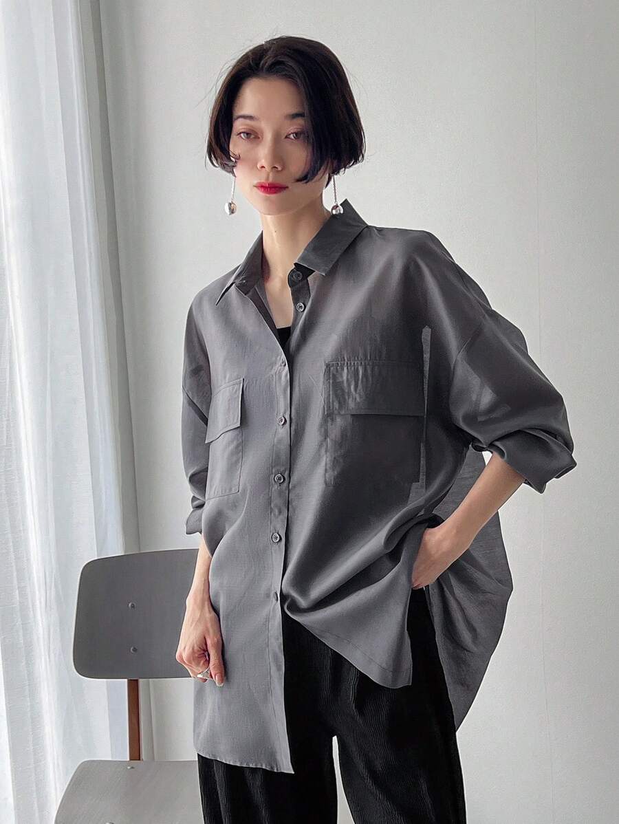 FRIFUL Solid Color Button-Up Shirt With Flap Pockets | SHEIN UK